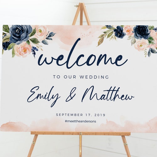 Navy and Blush Wedding Welcome Sign Template Blue and Pink | Etsy