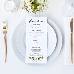 Elegant Menu Template With Modern Script and White Flowers and Roses ...