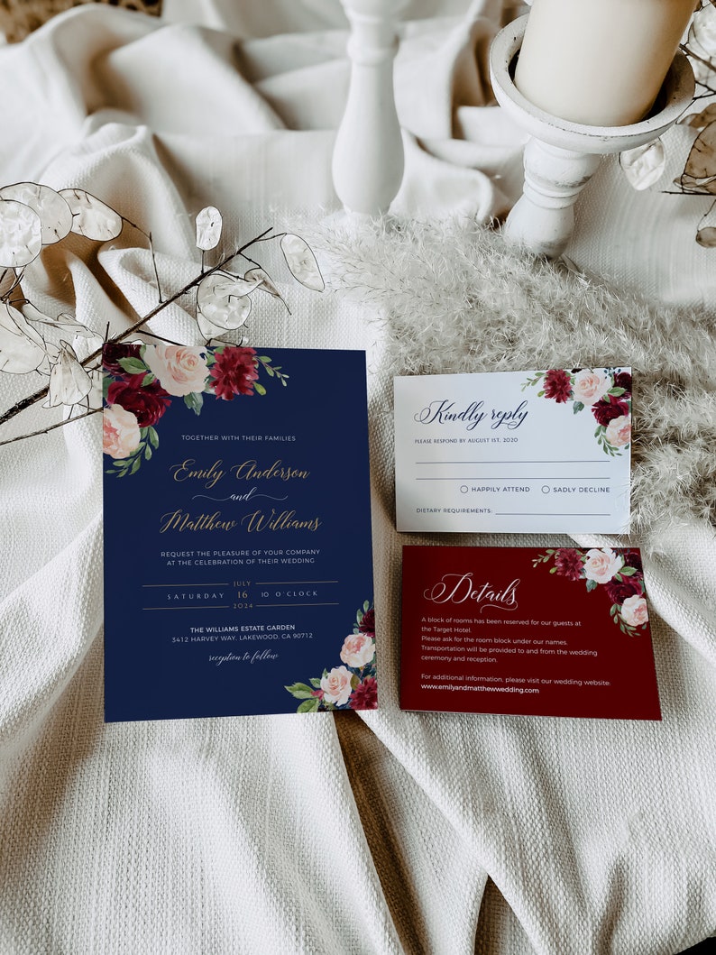 Boho Navy Gold Wedding Invitation Navy Wedding Invitation - Etsy