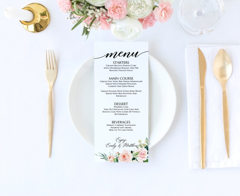 Menu Template With Greenery and Pink and Blush Flowers Menu - Etsy