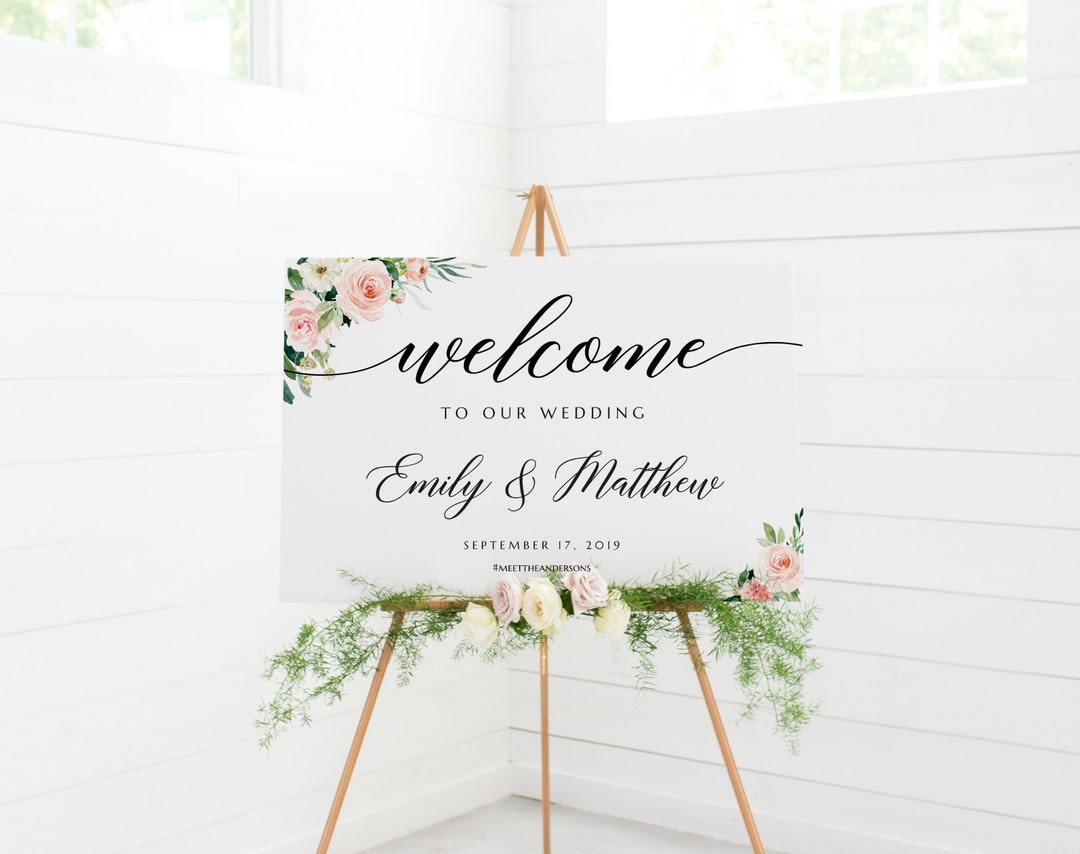 Welcome Sign Template With Greenery and Pink and Blush Flowers ...