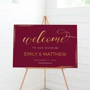 Burgundy Welcome Sign, Wedding Welcome Sign, Burgundy and Gold Wedding ...