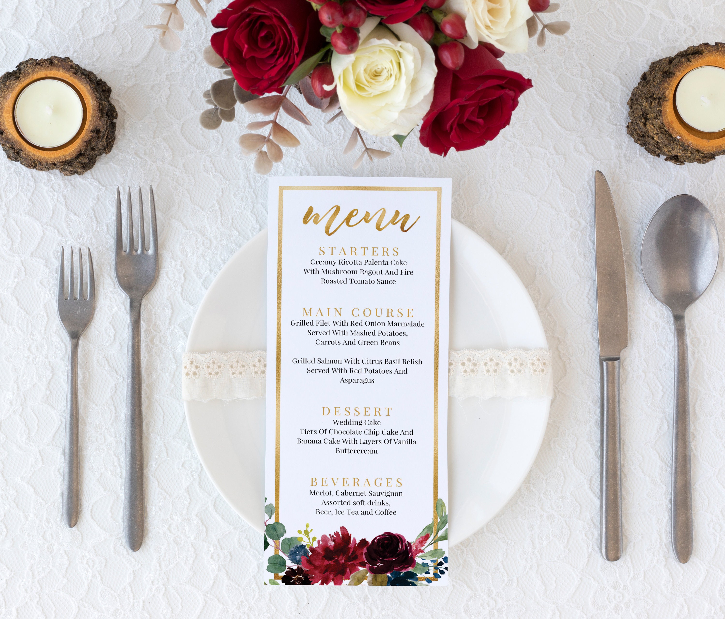 Wedding Menu Template Bohemian Menu With Burgundy Flowers - Etsy
