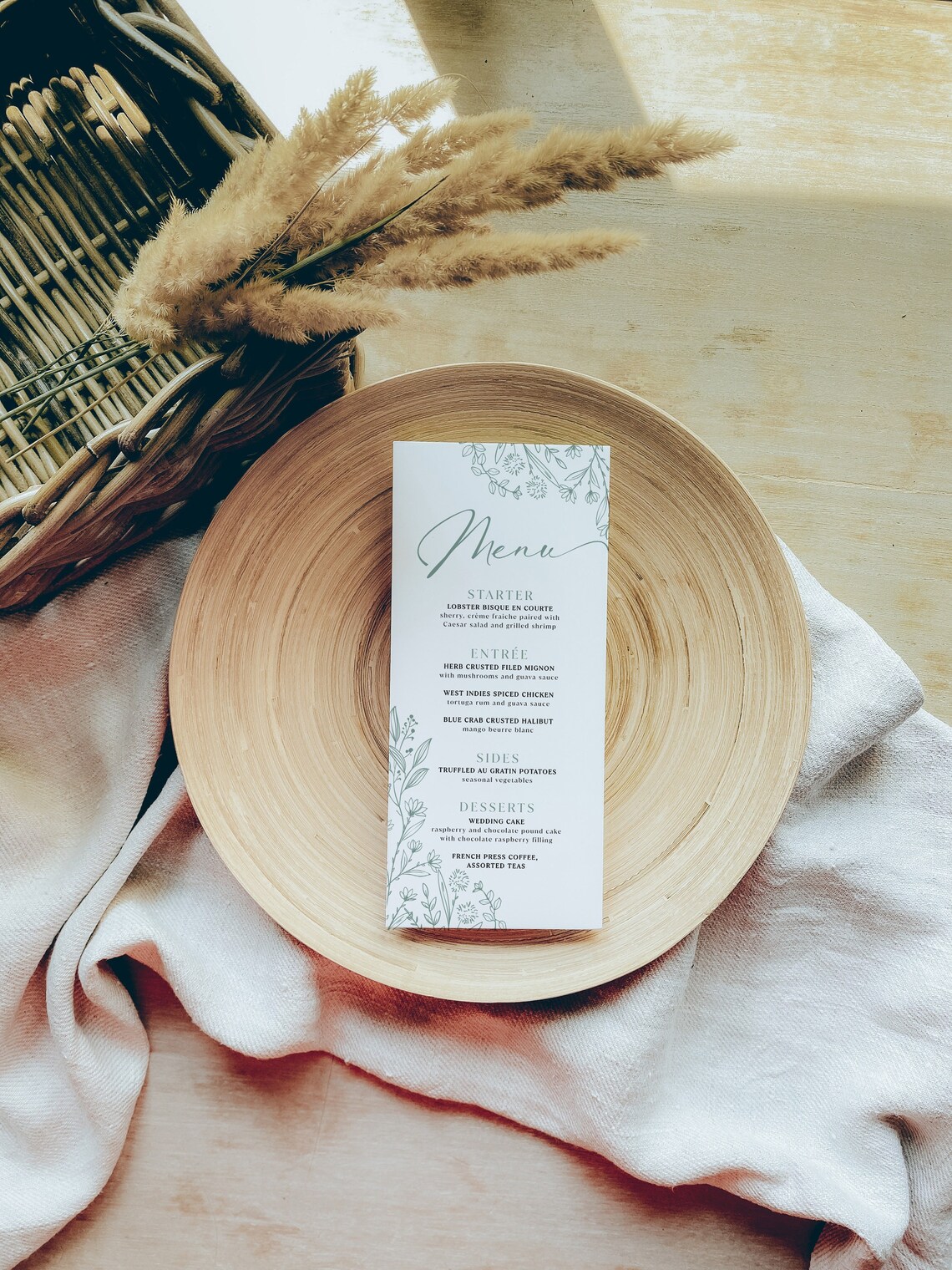 Menu Template Sage Green Wedding Menu Card Floral Menu - Etsy