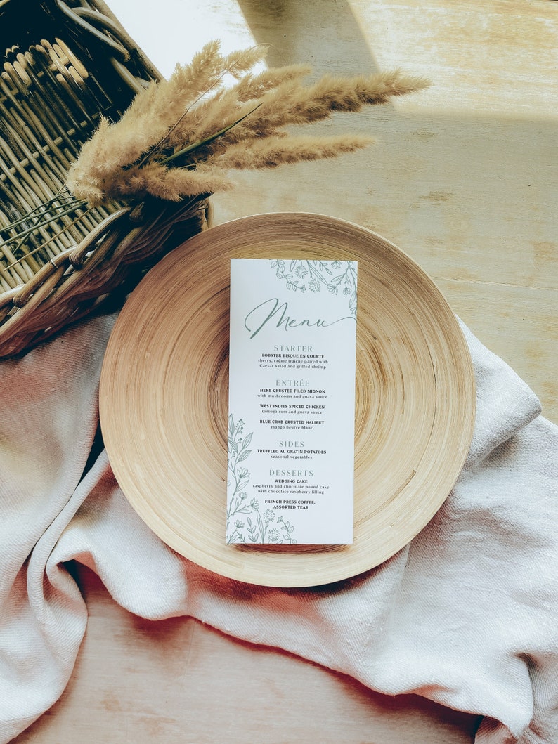 Menu Template Sage Green Wedding Menu Card Floral Menu - Etsy