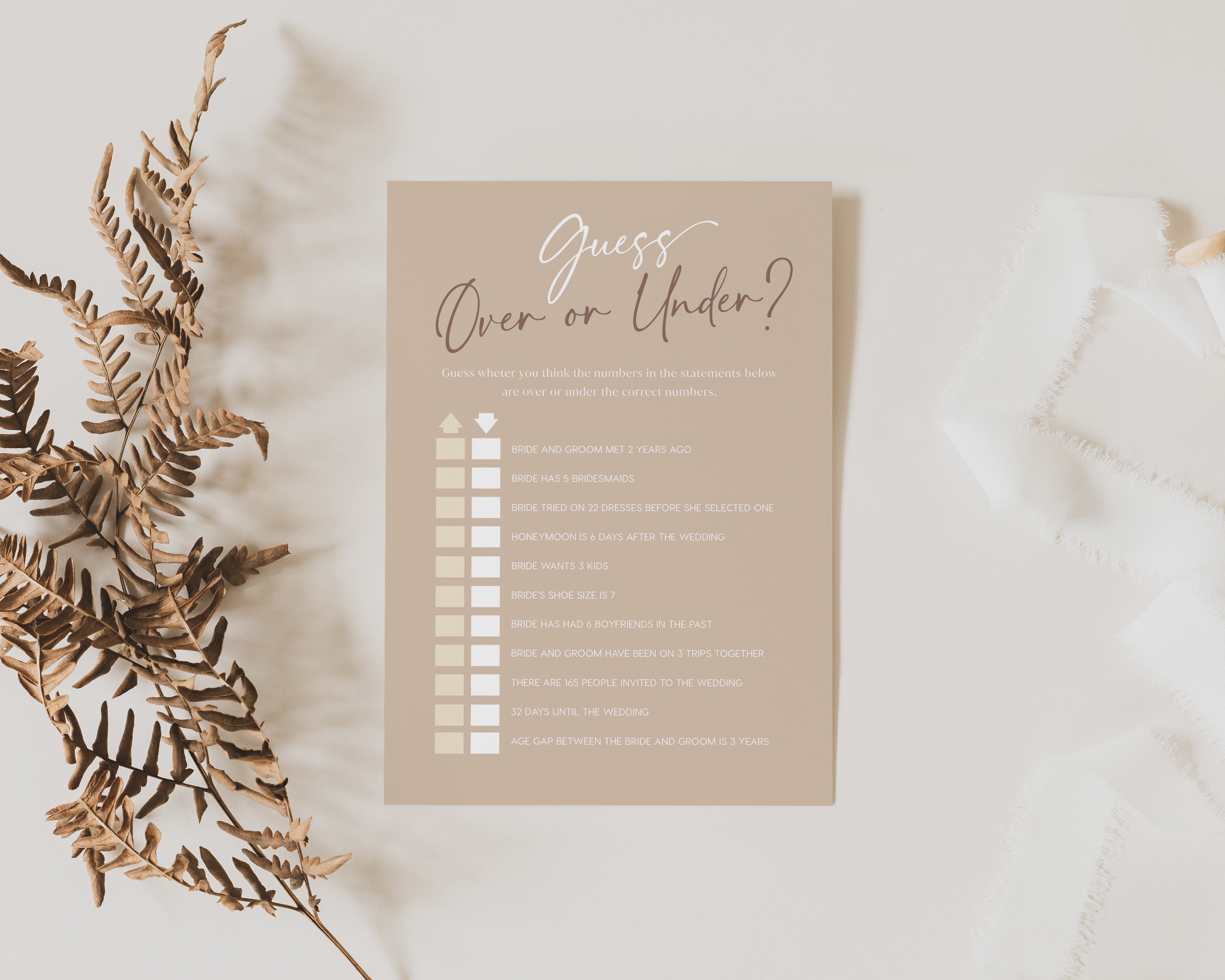 Over Or Under Bridal Shower Game Bridal Shower Game Etsy