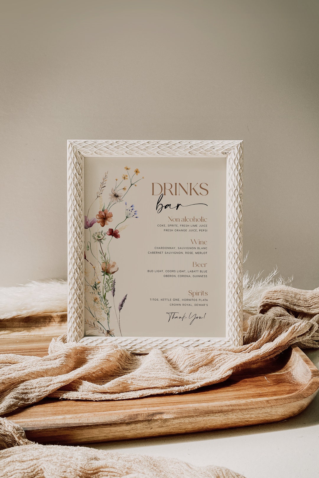 Drinks Bar Sign, Drinks Menu Sign Template, Beige Floral Wedding Sign ...