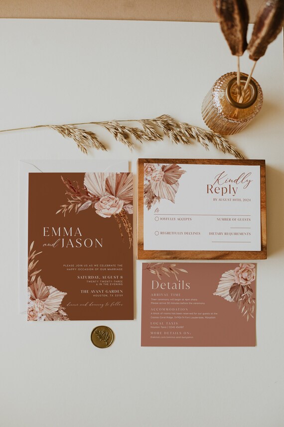 Terracotta Wedding Invitation Template Pampas Wedding - Etsy