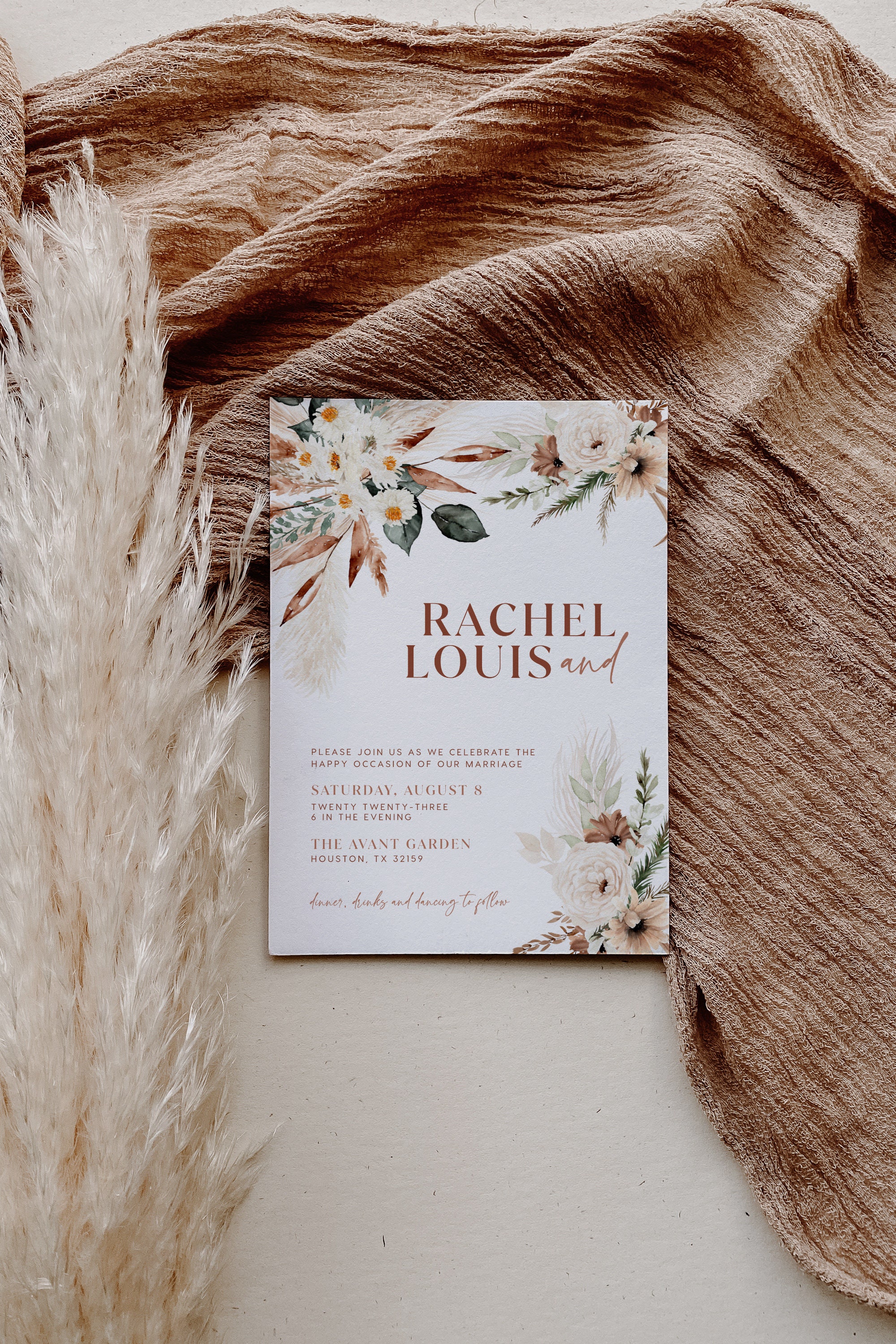 Floral Boho Wedding Invitation Wedding Invitation Pampas | Etsy