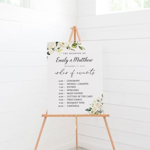 Elegant Wedding Order of Events Sign Template With White Flowers and ...