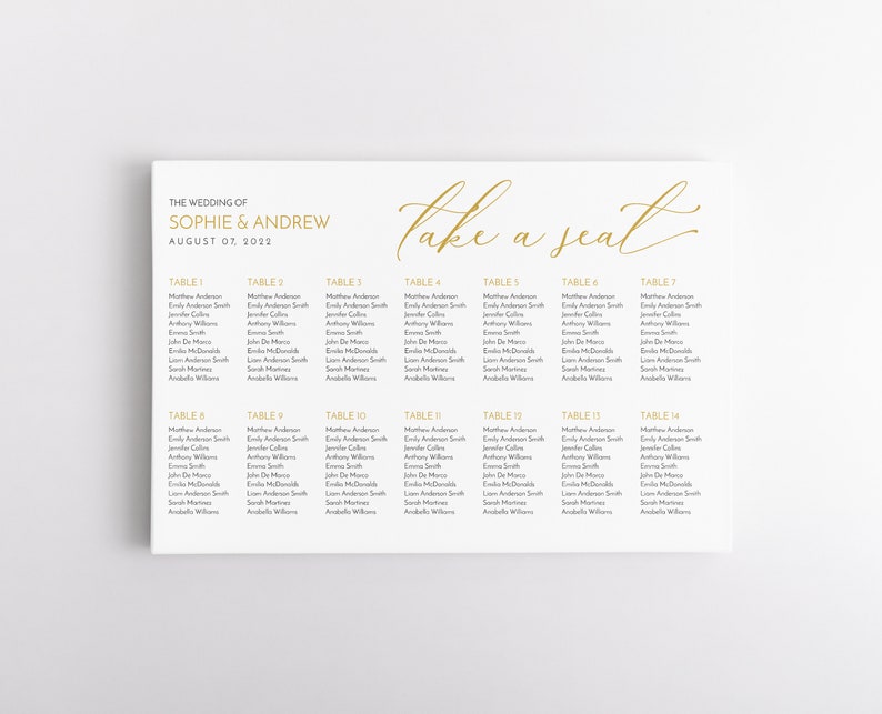 Seating Chart Gold Gold Wedding Seating Chart Template | Etsy