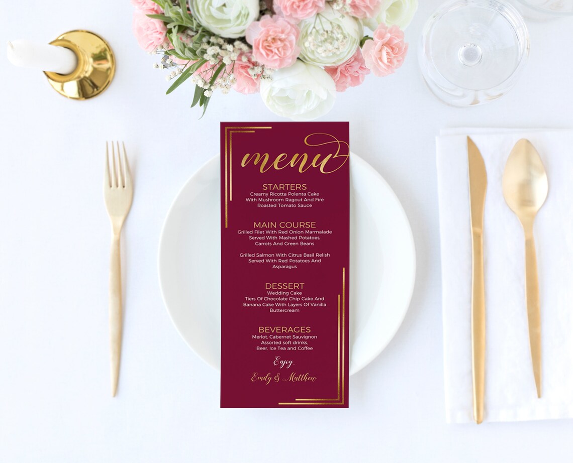 Burgundy Menu Template Burgundy and Gold Menu Wedding Menu | Etsy