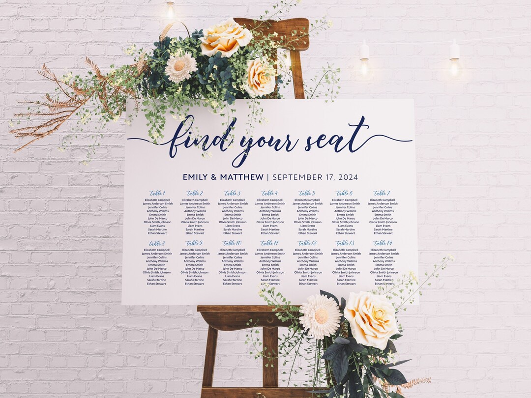 Seating Chart Template, Navy Seating Chart Sign, Wedding Seating Chart ...