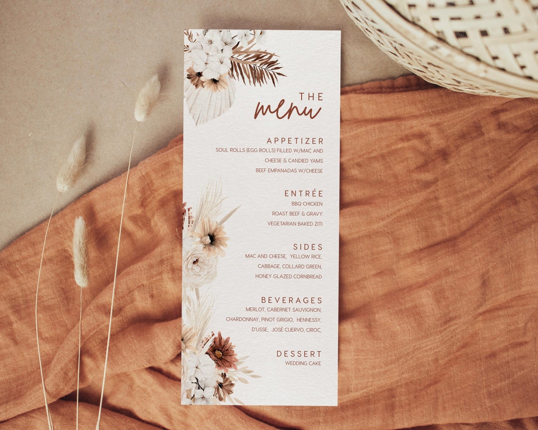 Boho Wedding Menu, Terracotta Wedding Menu Template, Boho Pampas ...
