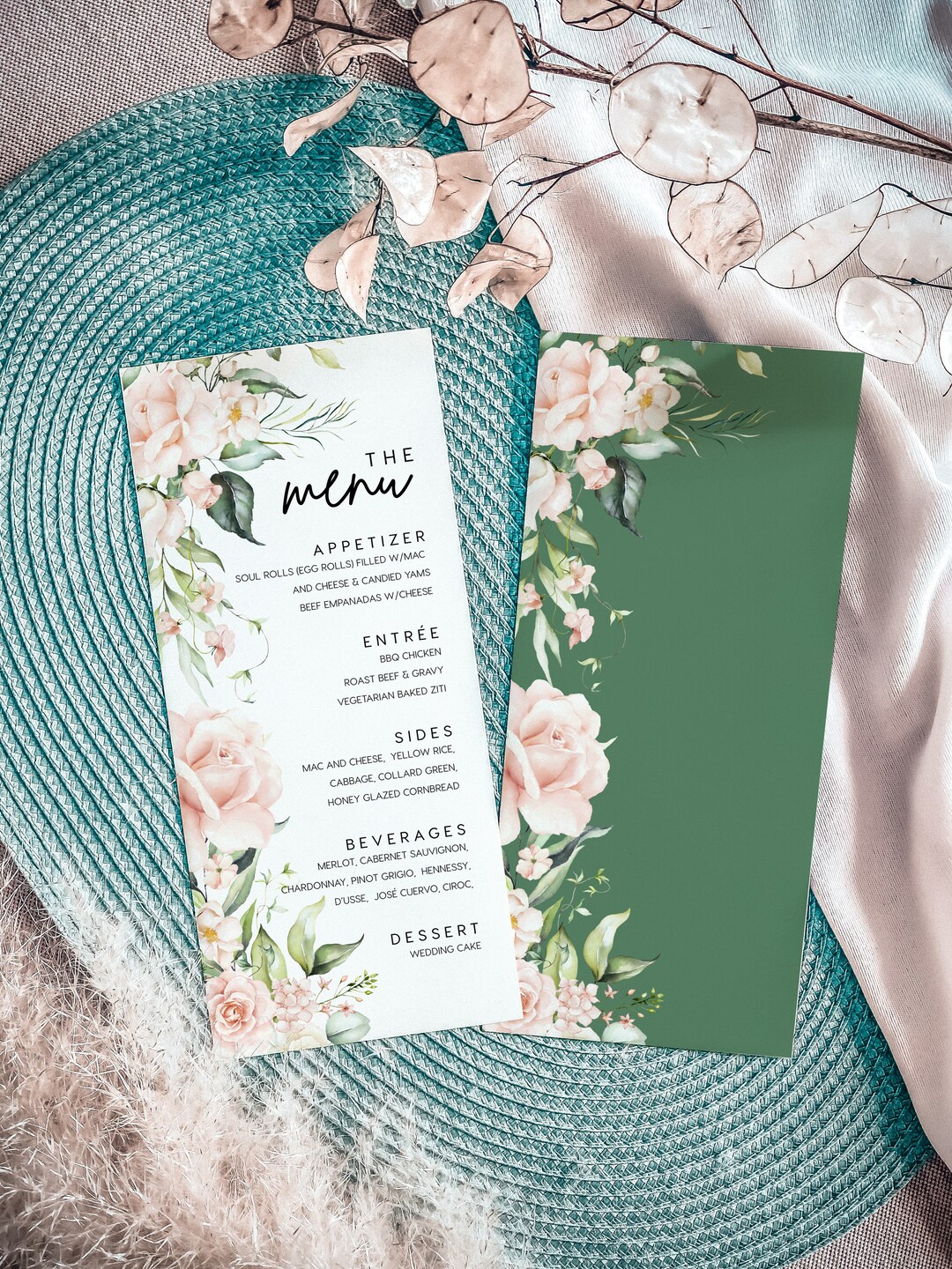 Blush Floral Menu Card Template, Wedding Menu Template, Floral Wedding ...