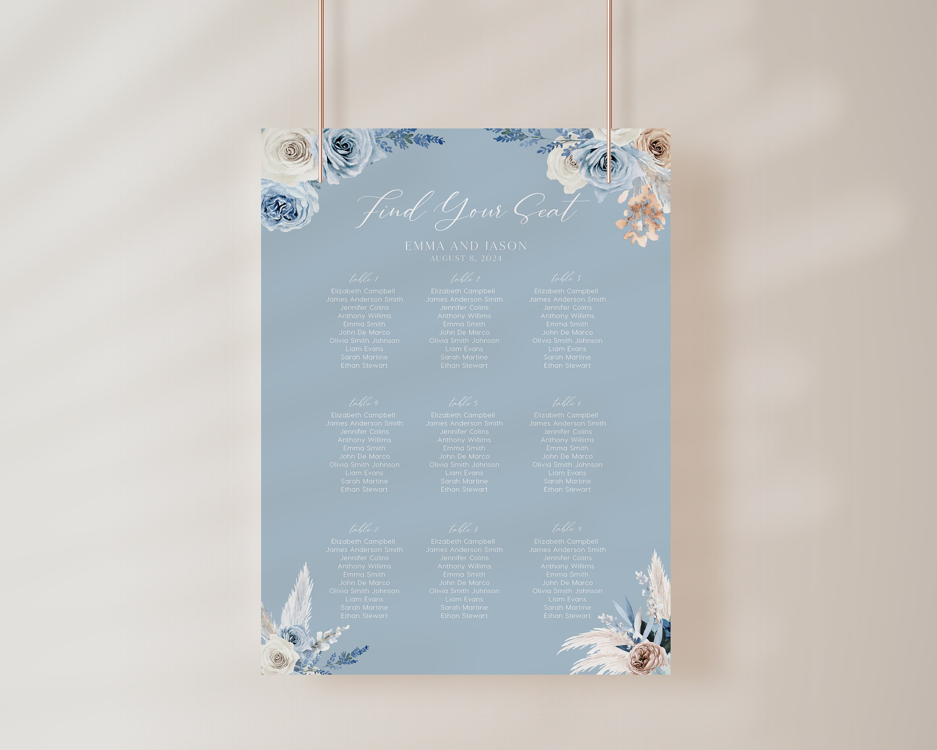 Seating Chart Template Blue Seating Chart Dusty Blue Wedding - Etsy