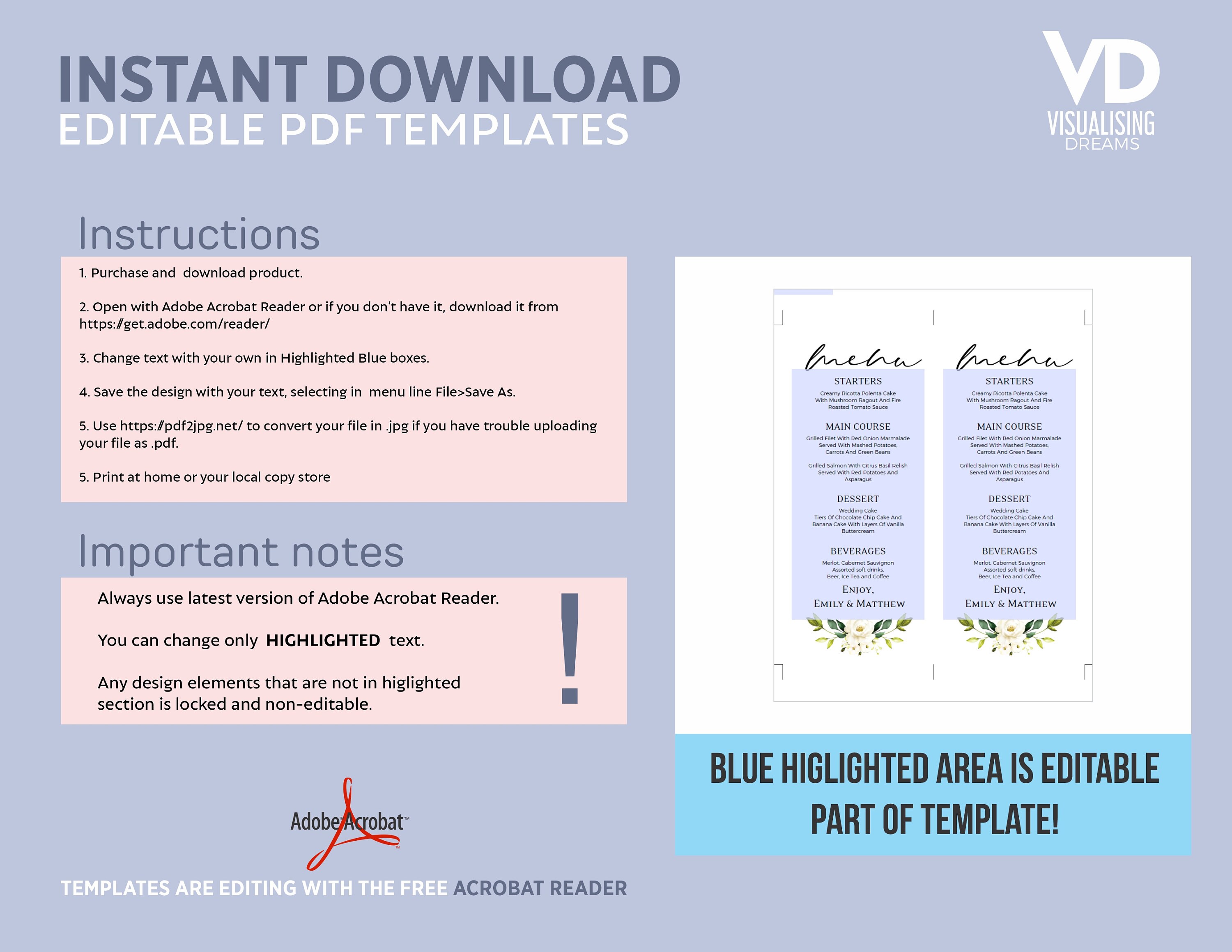 Elegant Menu Template With Modern Script and White Flowers and | Etsy