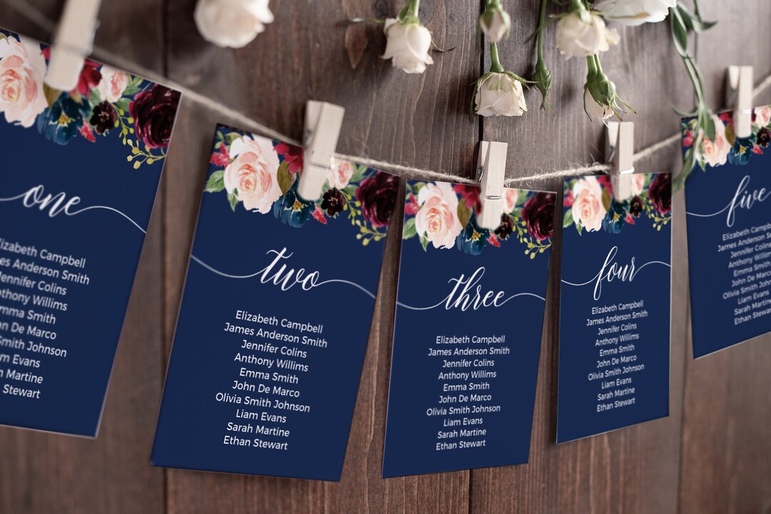 Seating Cards Wedding, Navy Seating Chart Cards, Navy Burgundy Wedding ...