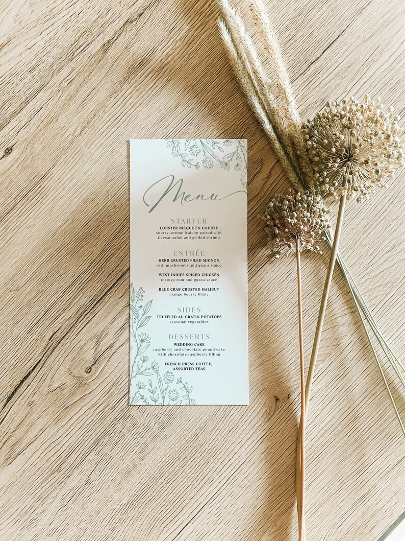 Menu Template Sage Green Wedding Menu Card Floral Menu - Etsy