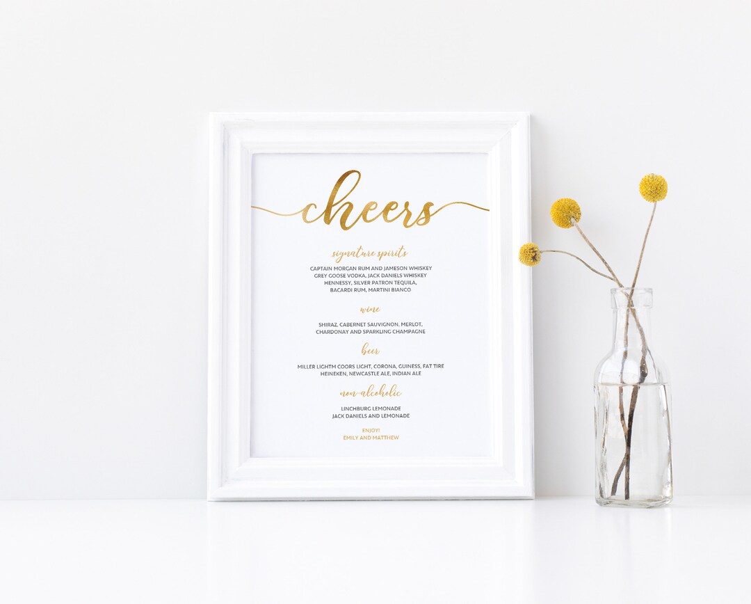 Cheers Wedding Sign Bar Sign Bar Menu Sign Printable Wedding Signs ...