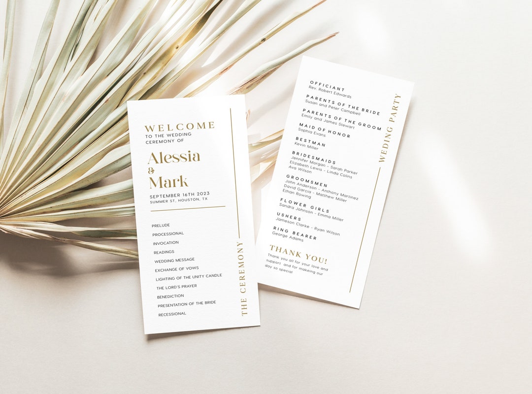 Wedding Program Cards, Gold Wedding Program, Program Template #NEAGOLD ...