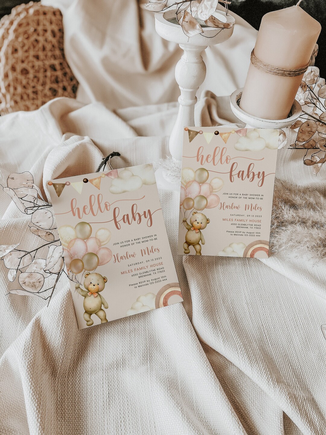 Hello Baby Invitation, Baby Shower Invitation, Cute Bear Baby Shower ...