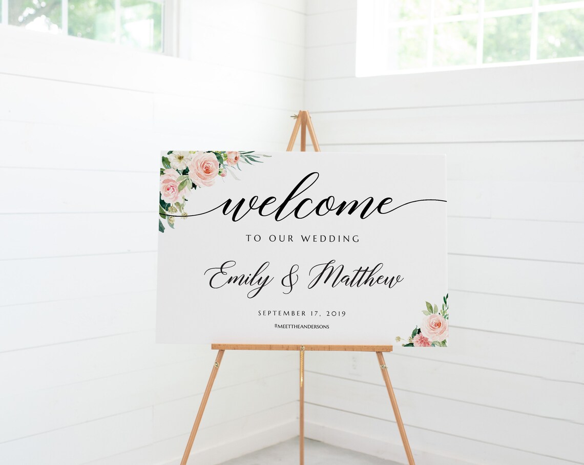 Welcome Sign Template With Greenery and Pink and Blush - Etsy