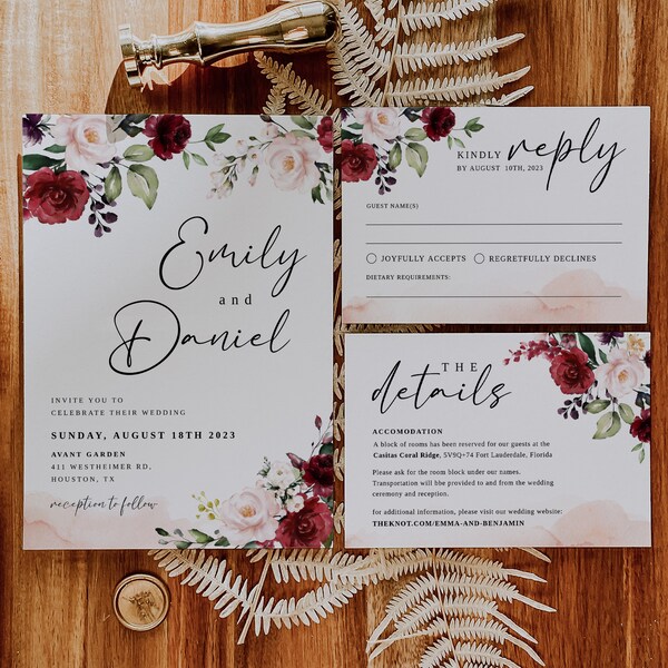 Burgundy Wedding Invitation - Etsy