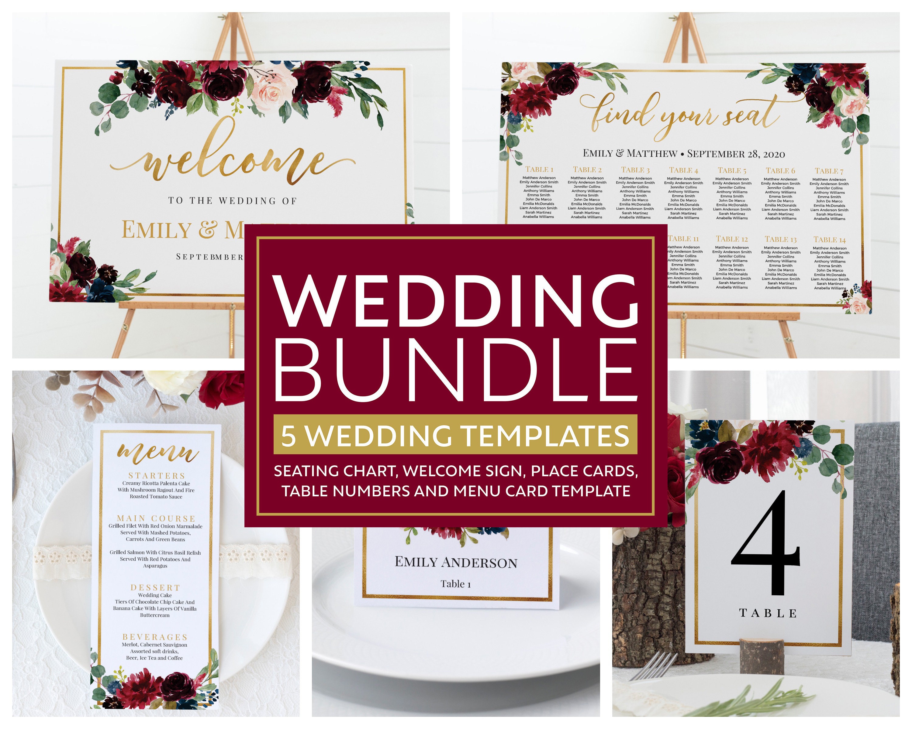 Wedding Menu Template Bohemian Menu With Burgundy Flowers - Etsy