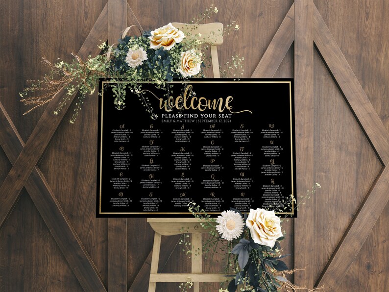 Black and Gold Seating Chart Sign Wedding Seating Chart - Etsy
