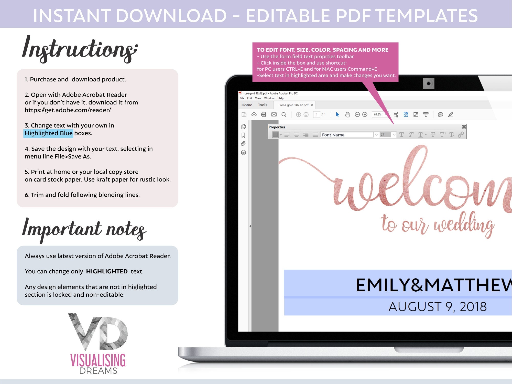 Rose Gold Wedding Welcome Sign Template Printable Rose Gold | Etsy