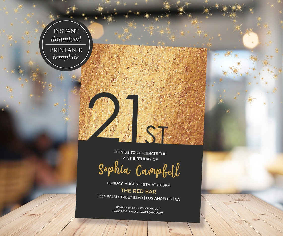 21st Birthday Invitation Printable Birthday Invitation Gold - Etsy