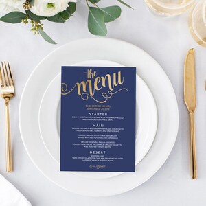 Navy Gold Wedding Menu Printable Wedding Menu Card Navy Blue Gold Foil ...