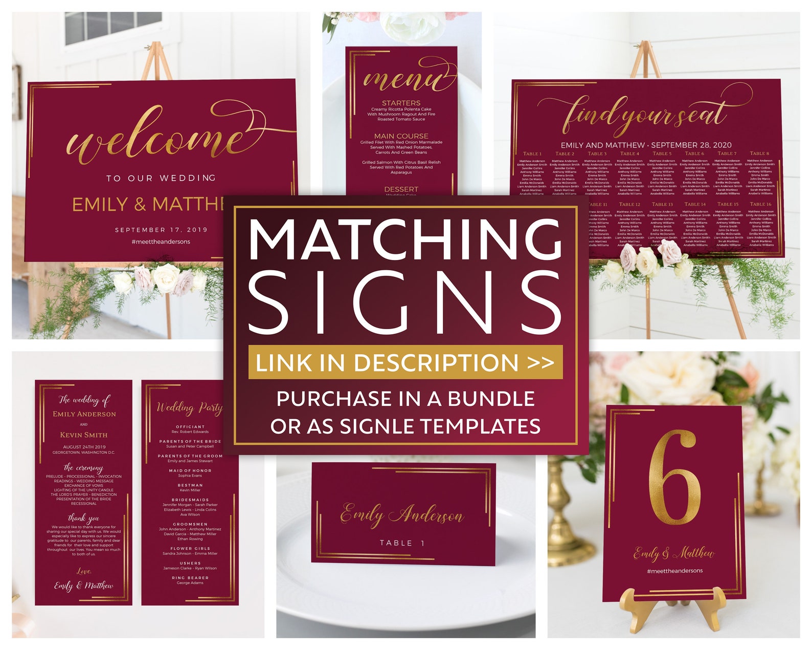 Burgundy Menu Template Burgundy and Gold Menu Wedding Menu | Etsy