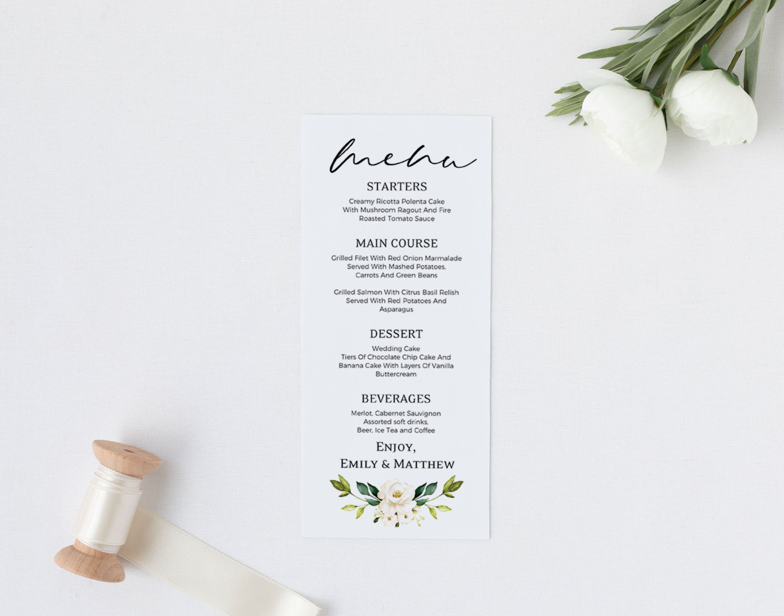 Elegant Menu Template With Modern Script and White Flowers and | Etsy