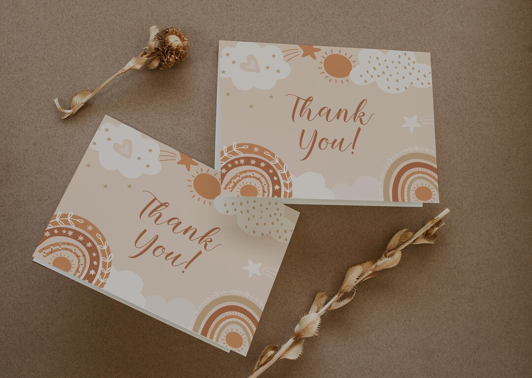 Rainbow Thank You Cards, Boho Rainbow Thank You Card Template, Boho ...