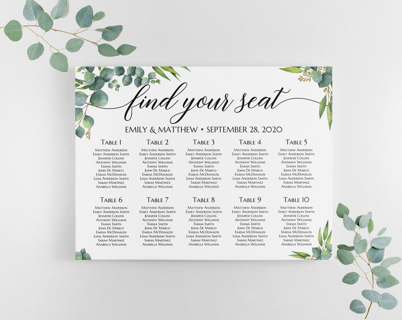Seating Chart Template Eucalyptus Seating Chart Sign Seating - Etsy
