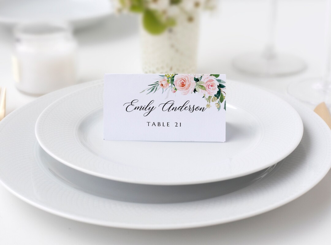 Place Cards Template With Pink and Blush Flowers and Greenery Floral ...