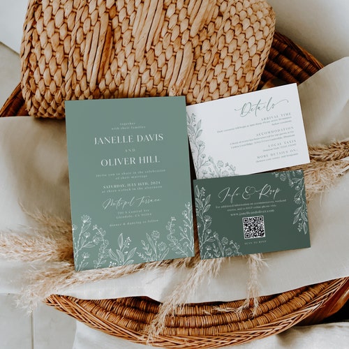 Sage Wedding Invitation Template Floral Sage Invitation - Etsy