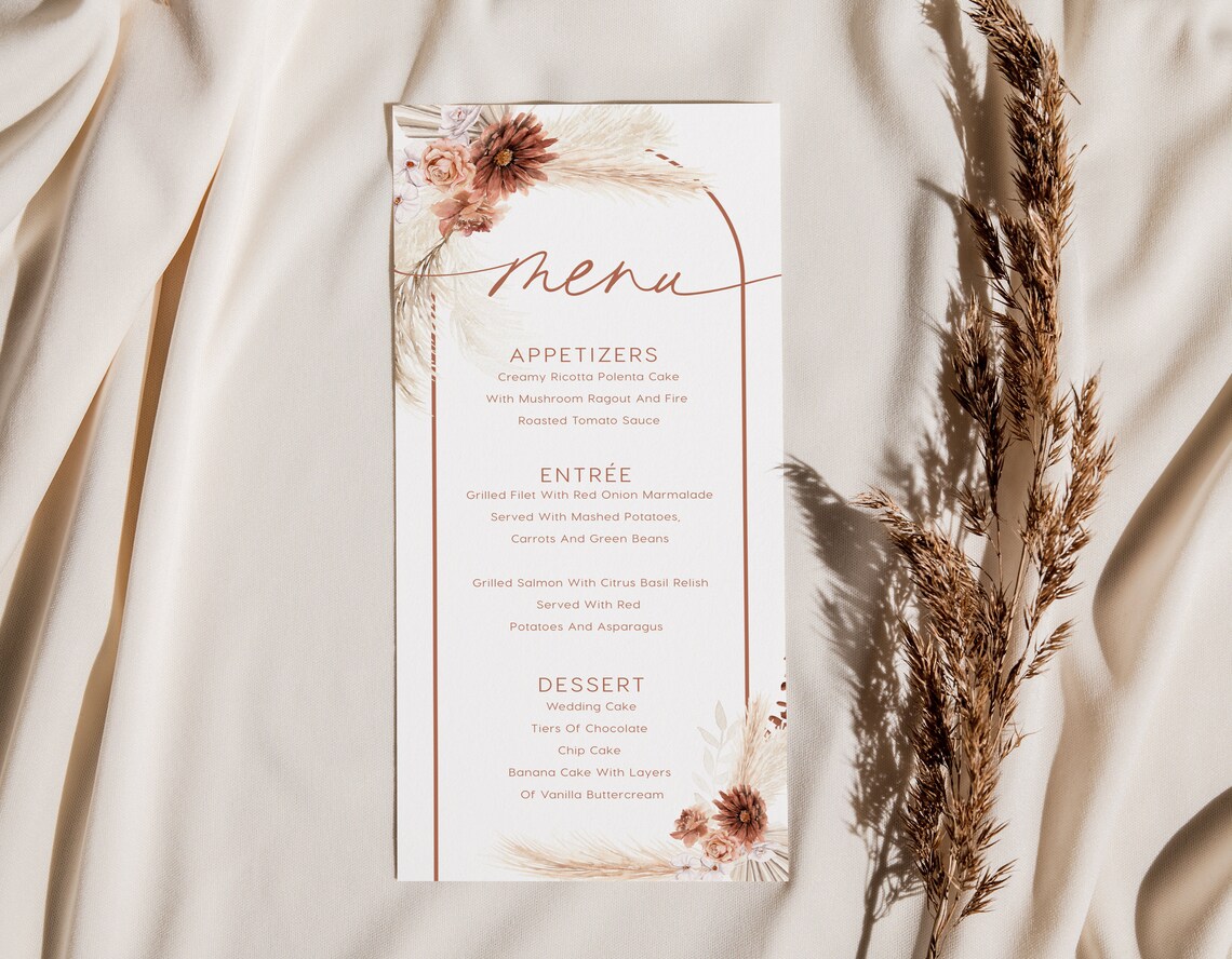 Boho Menu Template Pampas Grass Menu Wedding Menu Cards | Etsy