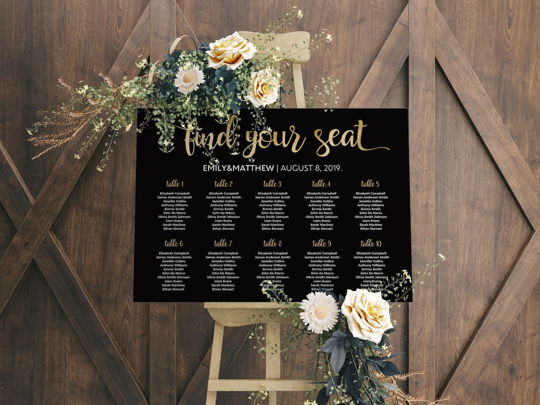 Seating Chart Wedding, Black and Gold Seating Chart, Black Seating ...