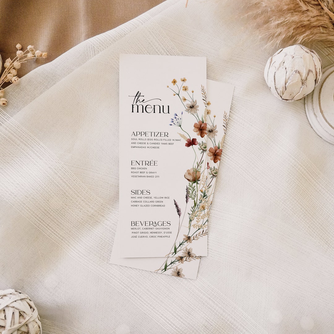 Boho Floral Menu Cards, Wedding Menu Template, Boho Menu Template ...