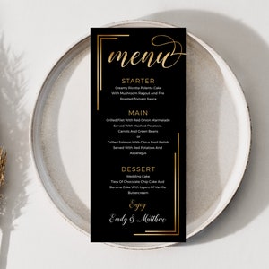 Menu Card Template Black and Gold, Wedding Menu Template, Black and ...