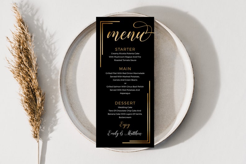 Menu Card Template Black and Gold Wedding Menu Template - Etsy