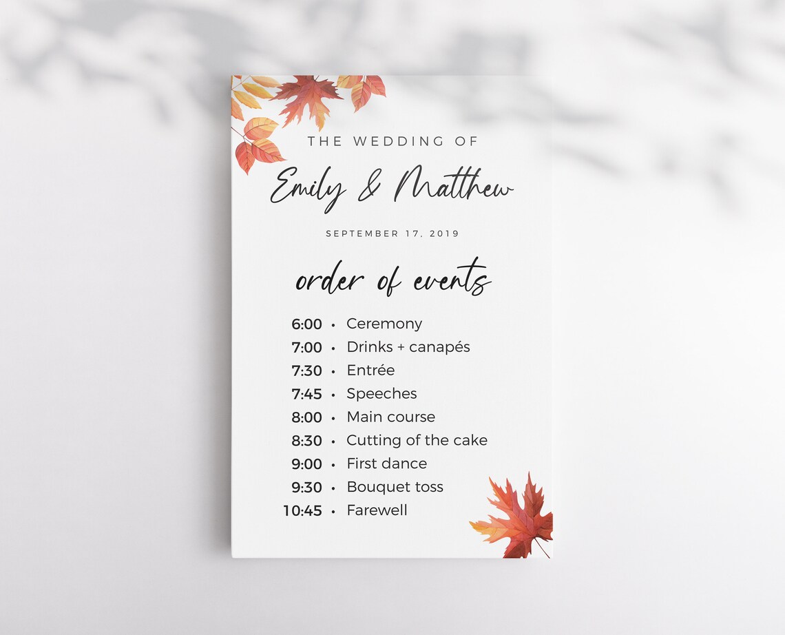 Wedding Order of Events Sign Template Fall Autumn Wedding - Etsy