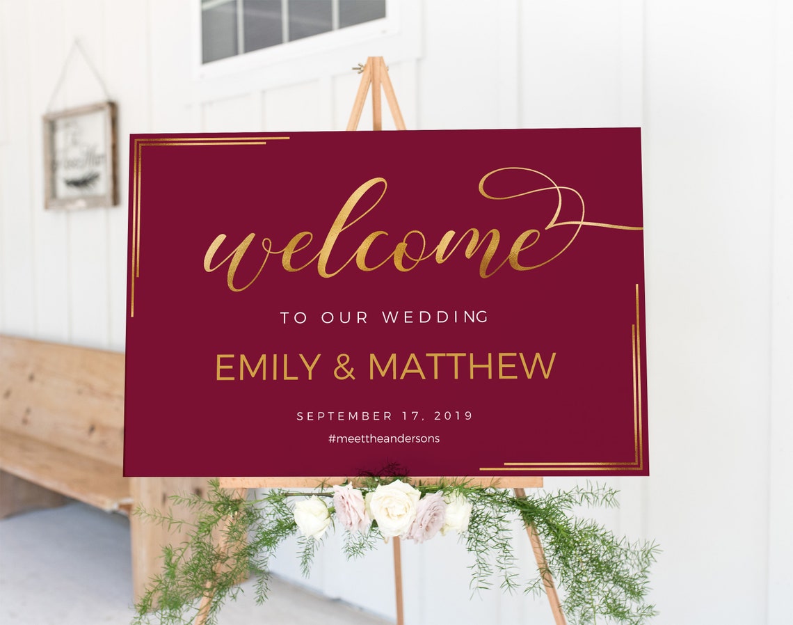 Burgundy Welcome Sign Wedding Welcome Sign Burgundy and Gold - Etsy