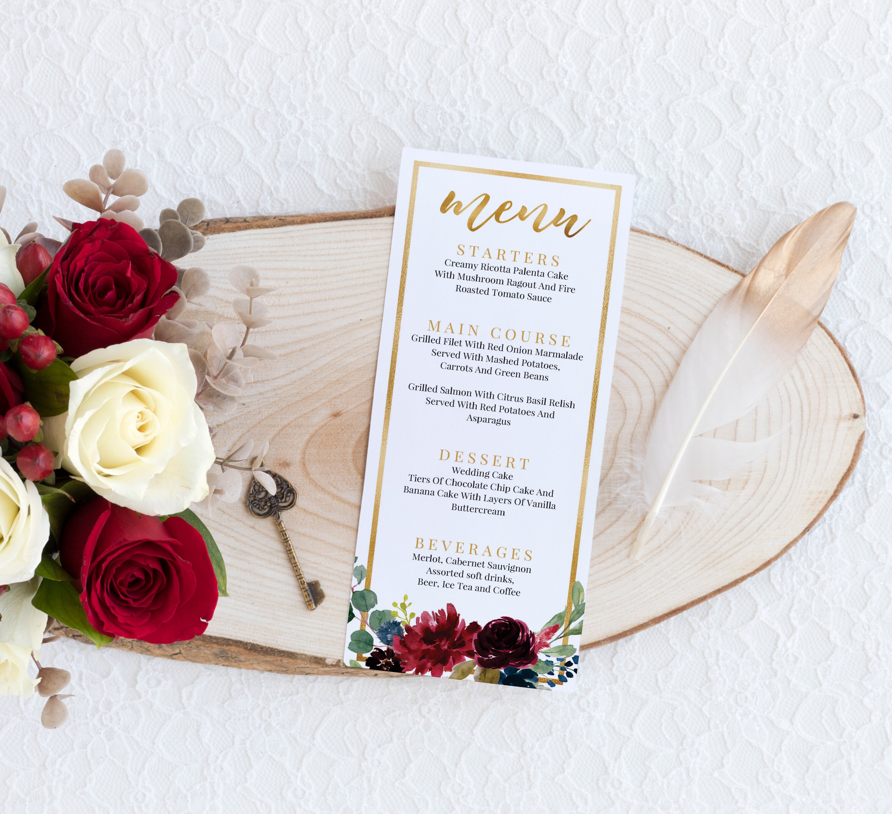 Wedding Menu Template Bohemian Menu With Burgundy Flowers - Etsy
