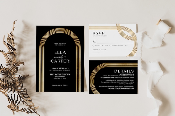 Black and Gold Arch Wedding Invitation Set Arch Wedding | Etsy