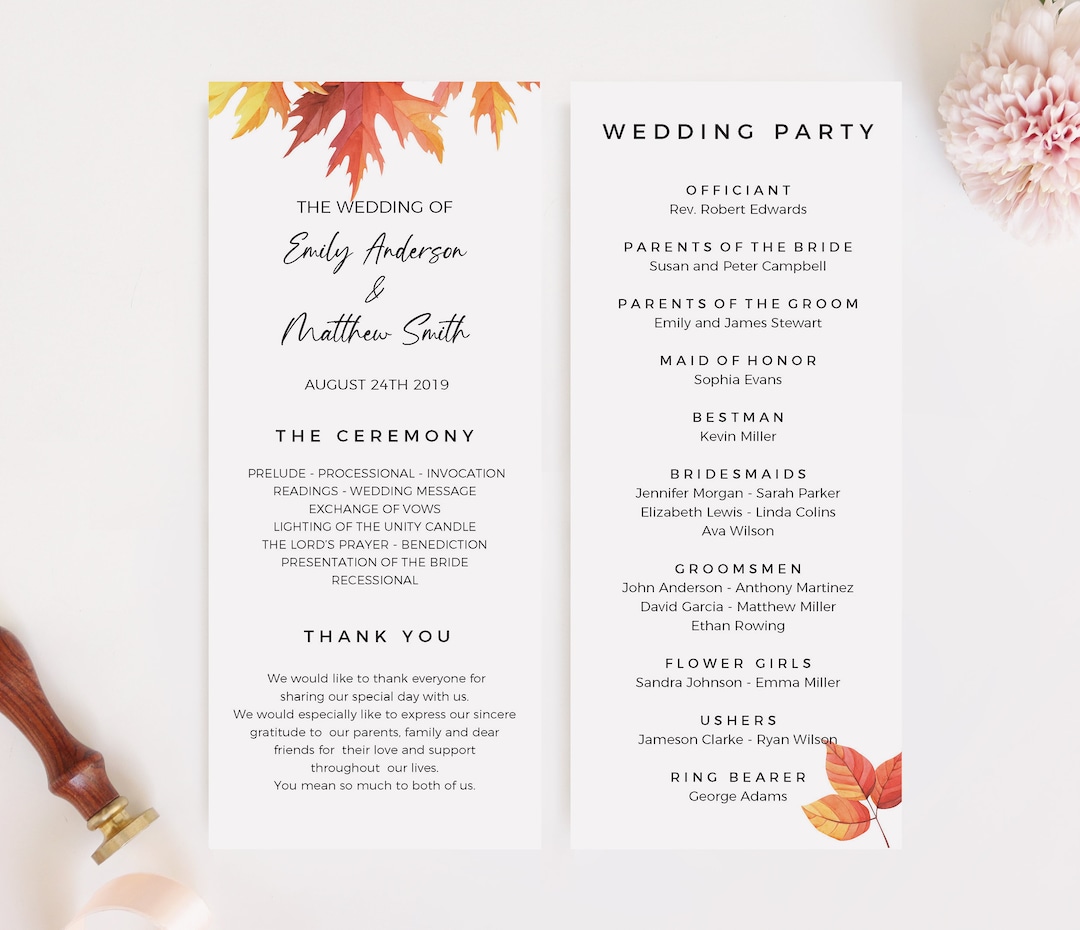 Autumn Wedding Program, Fall Wedding Program, Wedding Ceremony Program ...