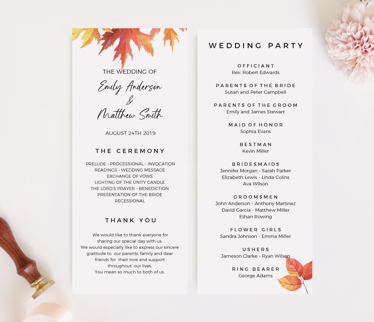 Autumn Wedding Program Fall Wedding Program Wedding Ceremony | Etsy